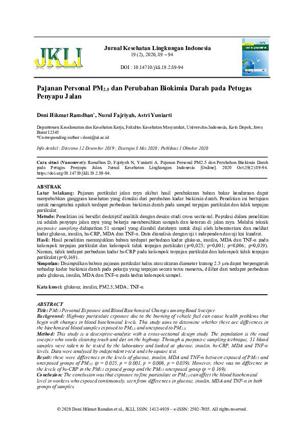 (PDF) Pajanan Personal PM2.5 dan Perubahan Biokimia Darah pada Petugas ...