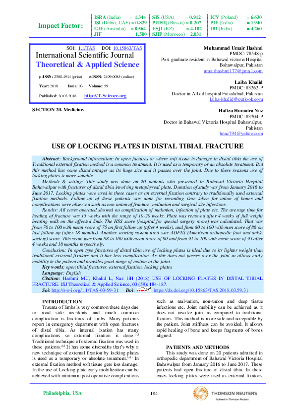 (PDF) Use of Locking Plates in Distal Tibial Fracture