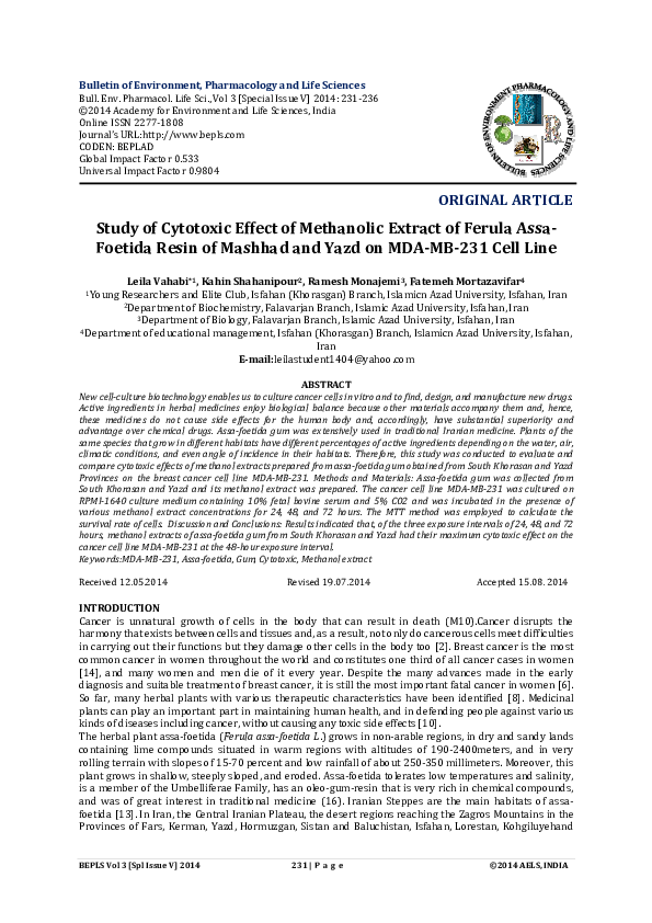 (PDF) Study of Cytotoxic Effect of Methanolic Extract of Ferula Assa ...