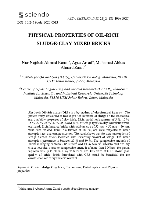 (PDF) Physical Properties of Oil-Rich Sludge-Clay Mixed Bricks