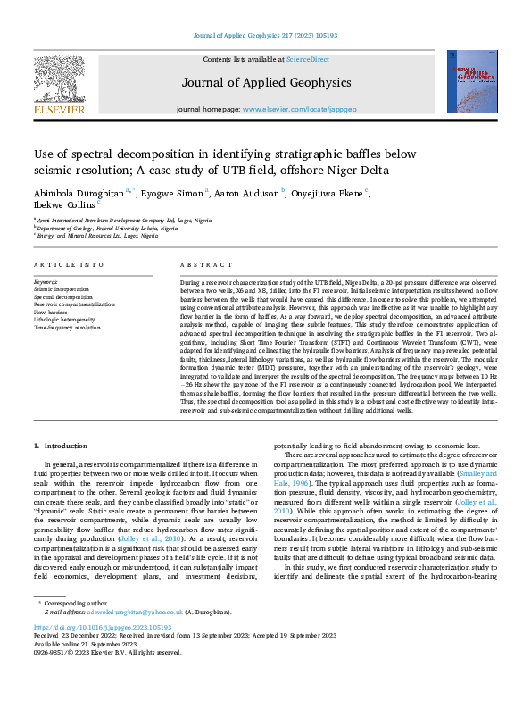 (PDF) Use of spectral decomposition in identifying stratigraphic baffles below seismic ...