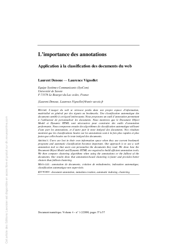 (PDF) L'importance des annotations - Application à la classification des documents du web