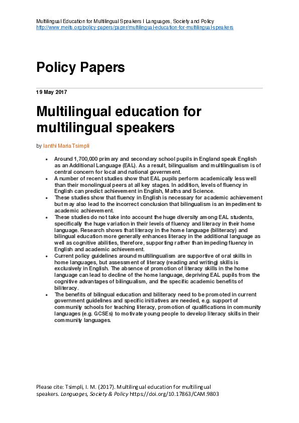 (PDF) Multilingual education for multilingual speakers