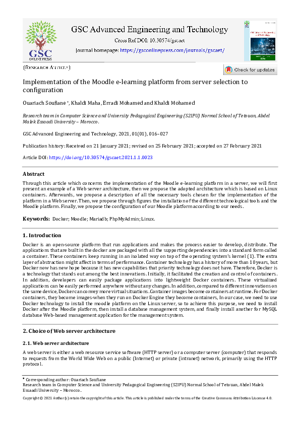 (PDF) Implementation of the Moodle e-learning platform from server selection to configuration