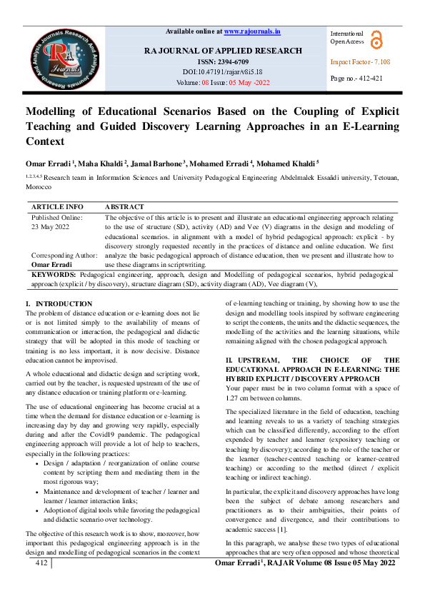 (PDF) Modelling of Educational Scenarios Based on the Coupling of Explicit Teaching and Guided ...