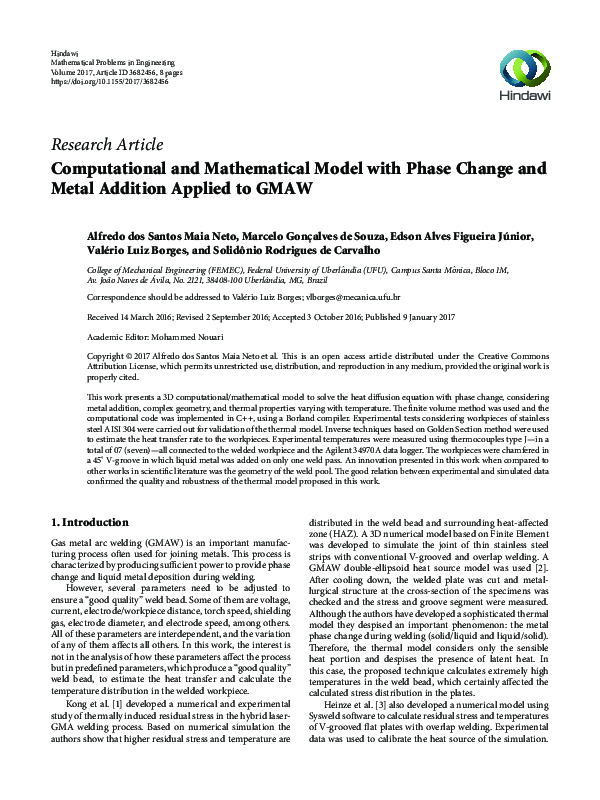 (PDF) Computational and Mathematical Model with Phase Change and Metal Addition Applied to GMAW
