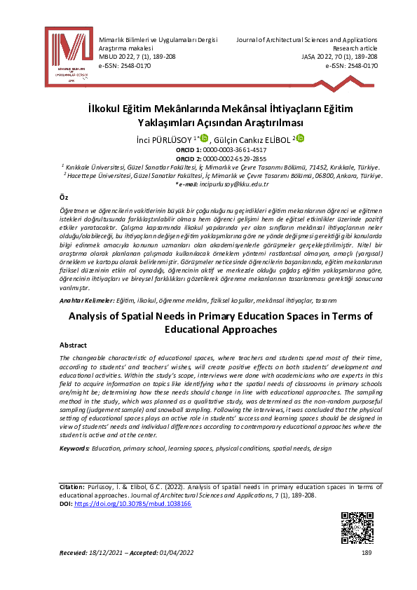(PDF) Analysis of Spatial Needs in Primary Education Spaces in Terms of Educational Approaches