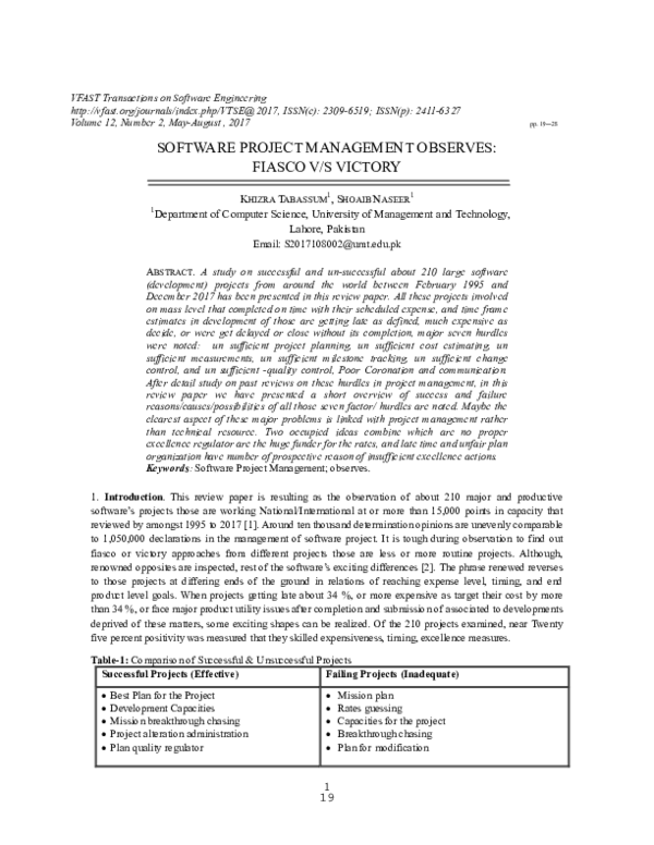 (PDF) Software Project Management Observes: Fiasco V/S Victory