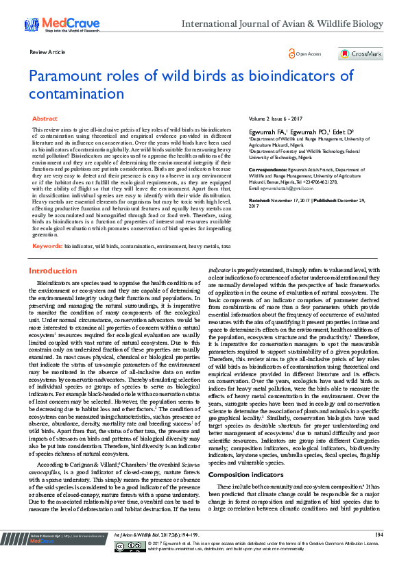 (PDF) Paramount Roles of Wild Birds as Bioindicators of Contamination