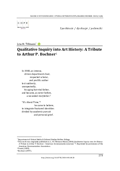(PDF) Qualitative Inquiry into Art History: A Tribute to Arthur P. Bochner