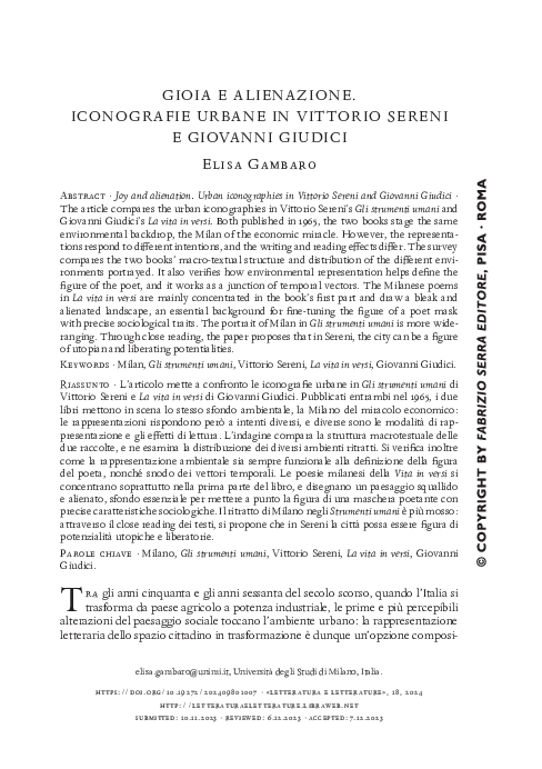 (PDF) GIOIA E ALIENAZIONE. ICONOGRAFIE URBANE IN VITTORIO SERENI E ...