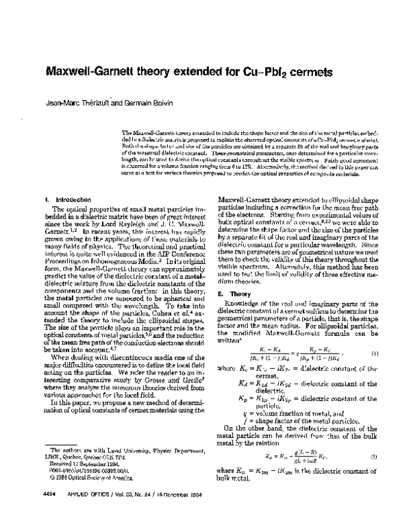 (PDF) Maxwell-Garnett theory extended for Cu–PbI_2 cermets