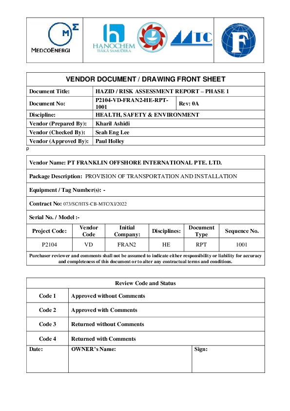 (PDF) HAZID: Risk Assessment Report - Phase 1 (T&I Forel FPSO Project)