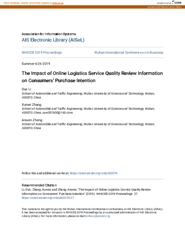 (PDF) The Impact of Online Logistics Service Quality Review Information on Consumers' Purchase ...