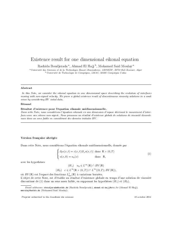(PDF) Existence result for a one-dimensional eikonal equation