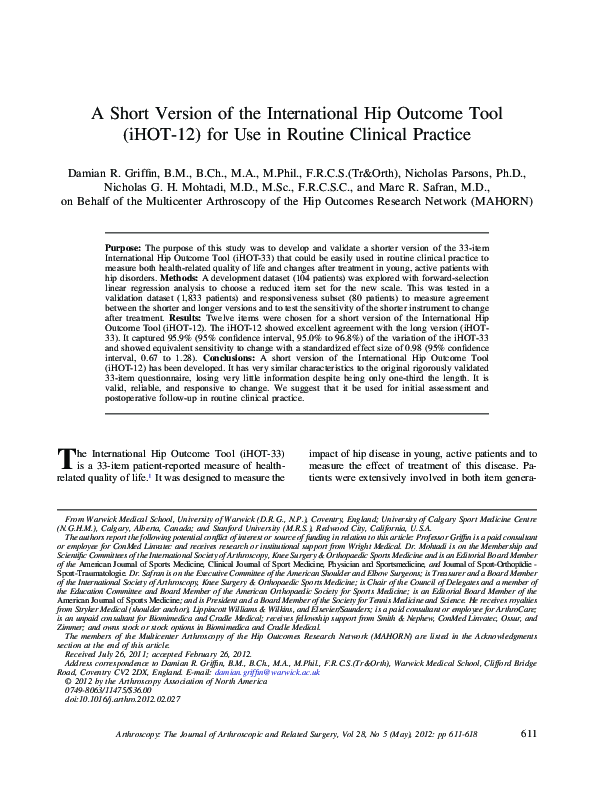 (PDF) A Short Version of the International Hip Outcome Tool (iHOT-12 ...