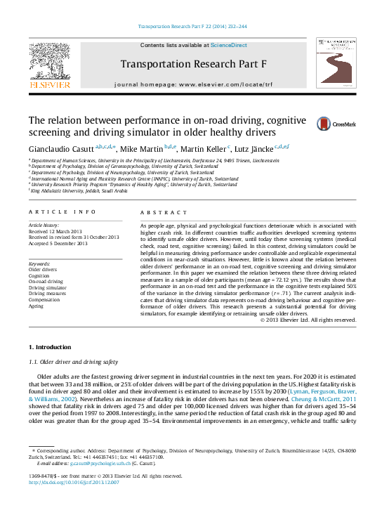 (PDF) The relation between performance in on-road driving, cognitive ...