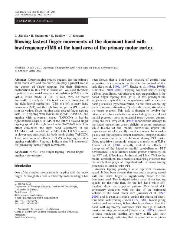 (PDF) Slowing fastest finger movements of the dominant hand with low ...