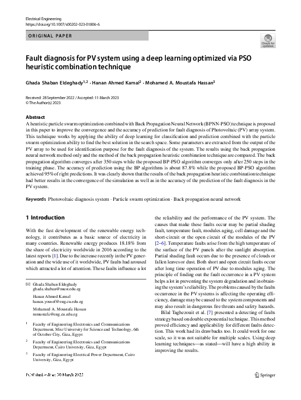 (PDF) Fault diagnosis for PV system using a deep learning optimized via ...