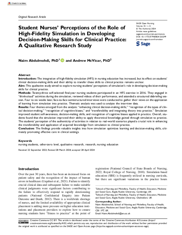 (PDF) Student Nurses' Perceptions of the Role of High-Fidelity Simulation in Developing Decision ...