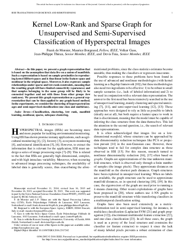 Pdf Kernel Low Rank And Sparse Graph For Unsupervised And Semi Supervised Classification Of