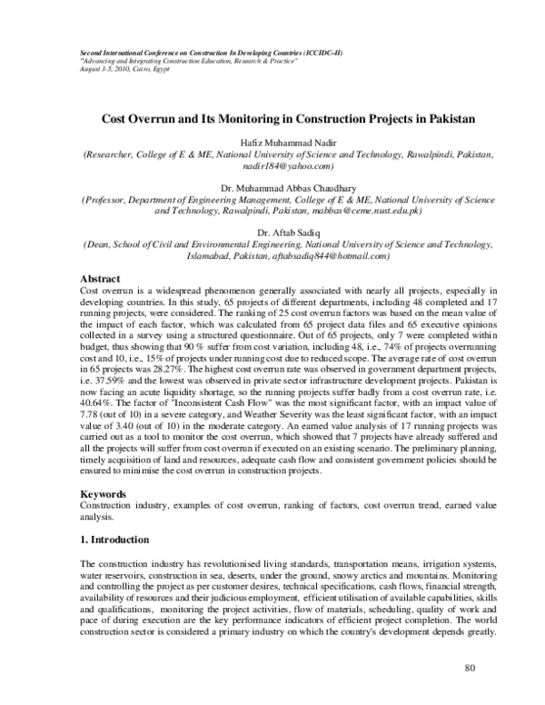 Pdf Monitoring Cost Overrun In Pakistans Projects