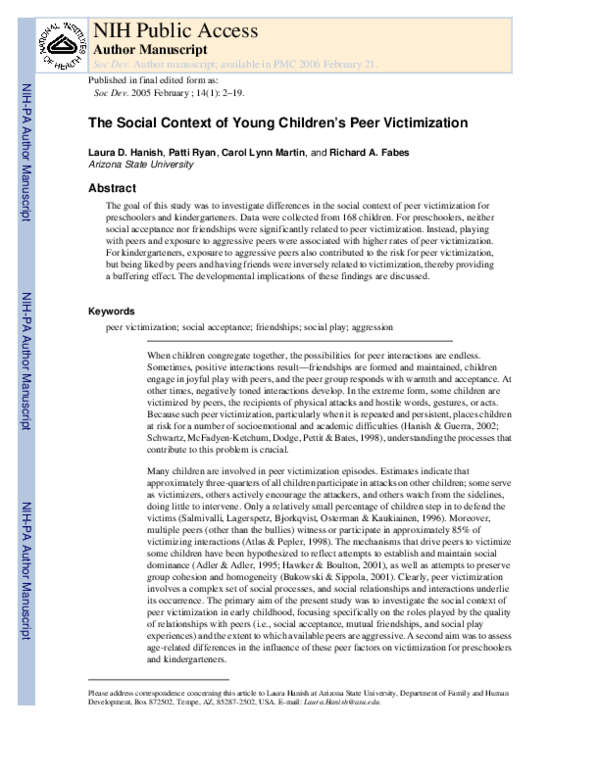 (PDF) The Social Context of Young Children's Peer Victimization | Laura ...