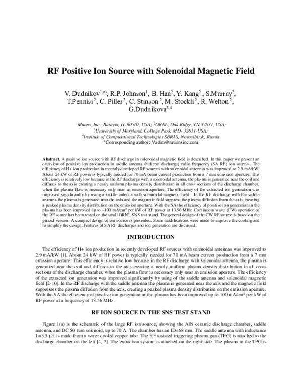 (PDF) RF Positive Ion Source with Solenoidal Magnetic Field