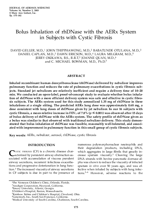 (PDF) Bolus Inhalation of rhDNase with the AERx System in Subjects with ...