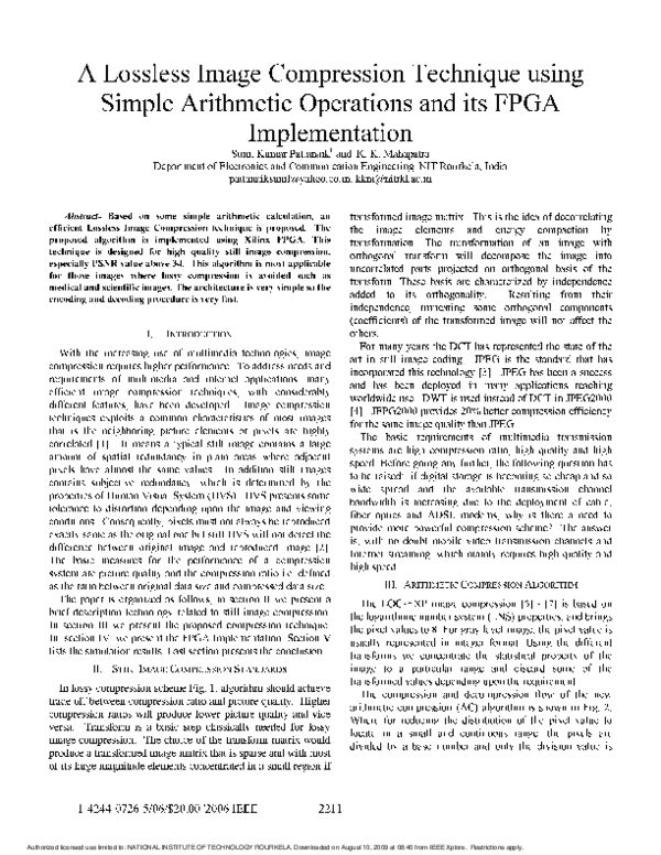 (PDF) A Lossless Image Compression Technique using Simple Arithmetic Operations and its FPGA ...