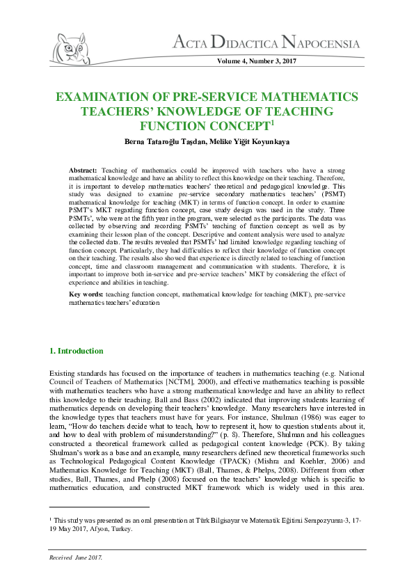 (PDF) Pre-Service Mathematics Teachers’ Function Concept Knowledge