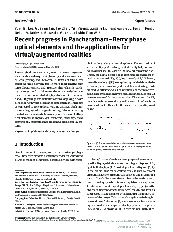 (PDF) Recent progress in Pancharatnam–Berry phase optical elements and ...