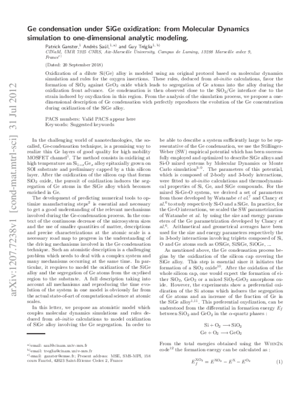 (PDF) Ge condensation under SiGe oxidization: from Molecular Dynamics ...