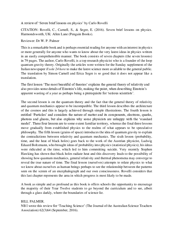 (PDF) A review of 'Seven brief lessons on physics' by Carlo Rovelli