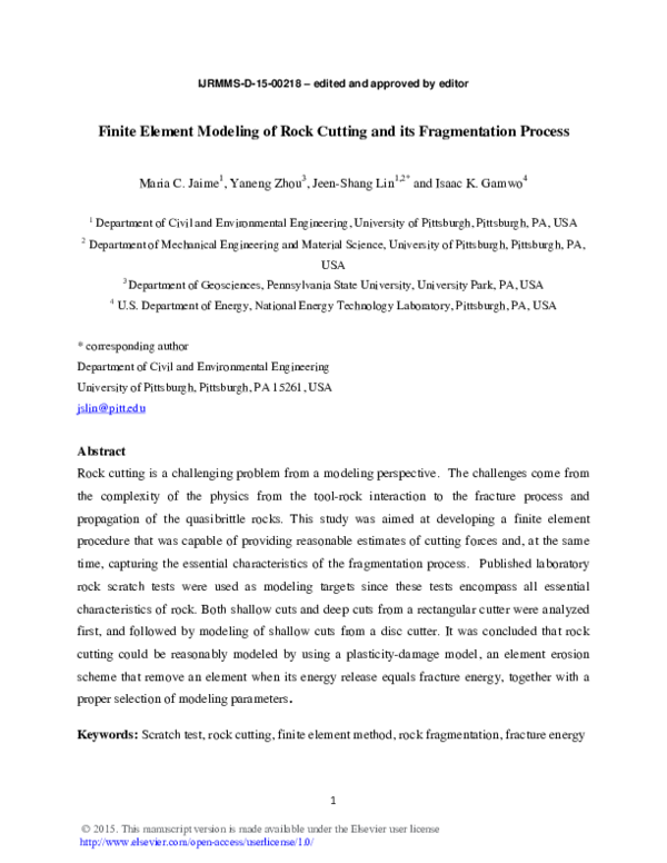Pdf Finite Element Modeling Of Rock Cutting And Its Fragmentation Process