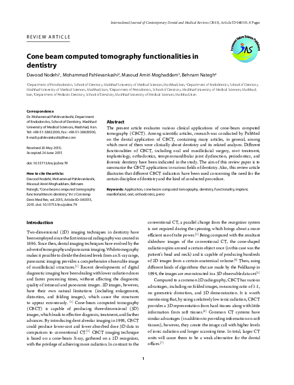 Pdf Cone Beam Computed Tomography Functionalities In Dentistry