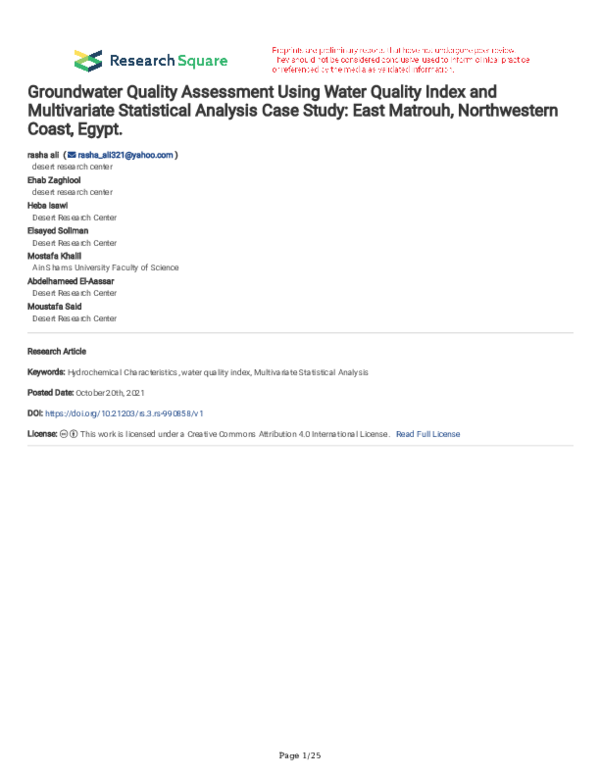 (PDF) Groundwater quality assessment using water quality index and multivariate statistical ...