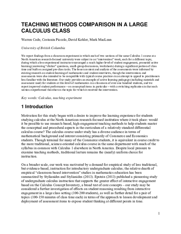 (PDF) Teaching methods comparison in a large calculus class | Mark ...