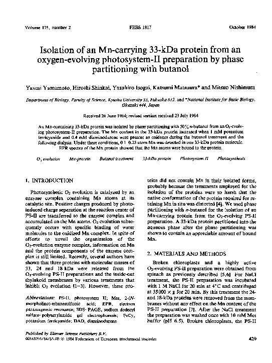 (PDF) Isolation of an Mn‐carrying 33‐kDa protein from an oxygen‐evolving photosystem‐II ...