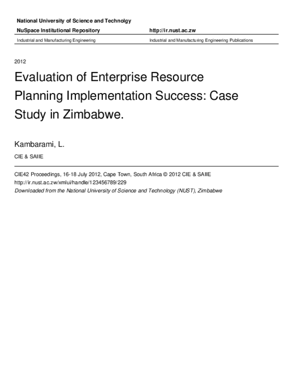 (PDF) Evaluation of Enterprise Resource Planning Implementation Success: Case Study in Zimbabwe