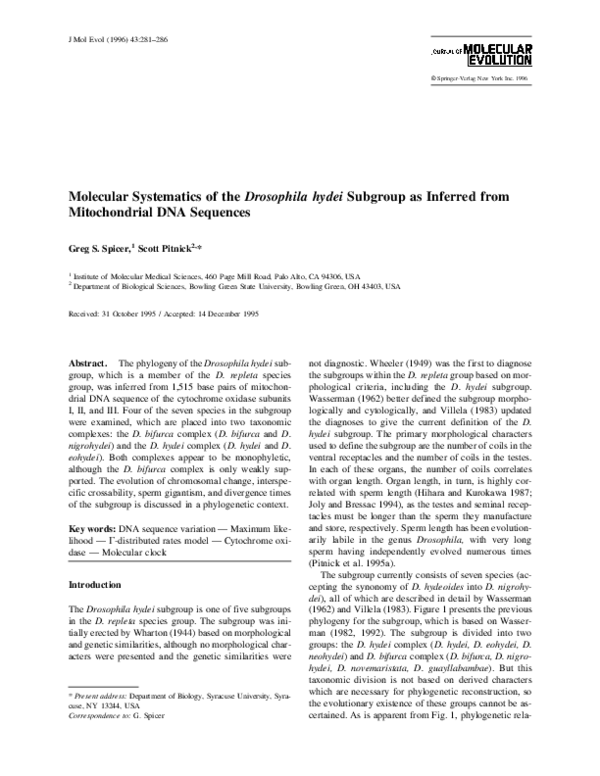 (PDF) Molecular Systematics of the Drosophila hydei Subgroup as ...
