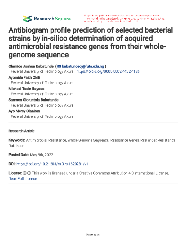 (PDF) Antibiogram profile prediction of selected bacterial strains by in-silico determination of ...