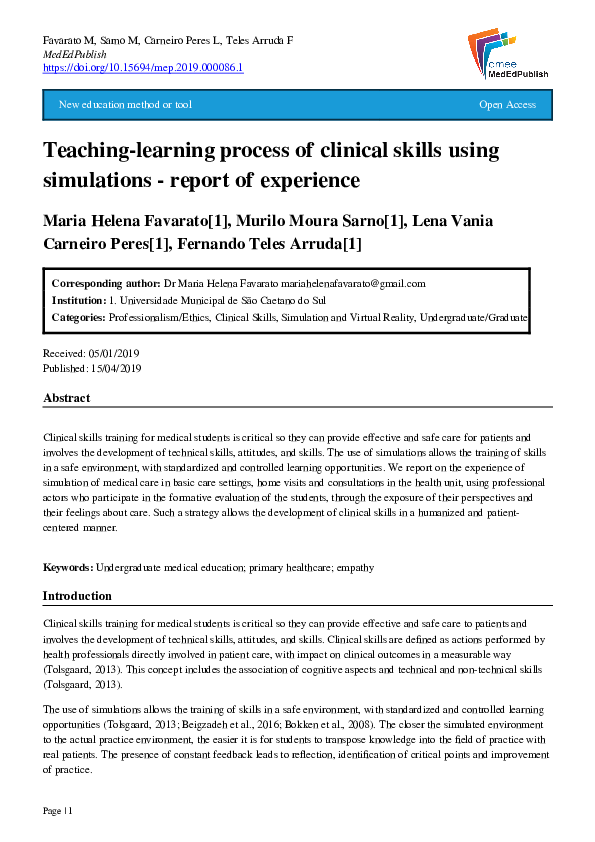 (PDF) Teaching-learning process of clinical skills using simulations - report of experience ...