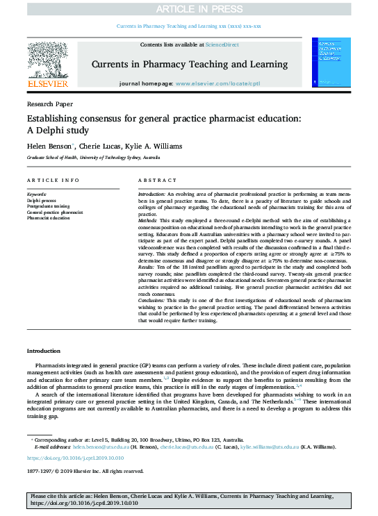 (PDF) Establishing consensus for general practice pharmacist education ...