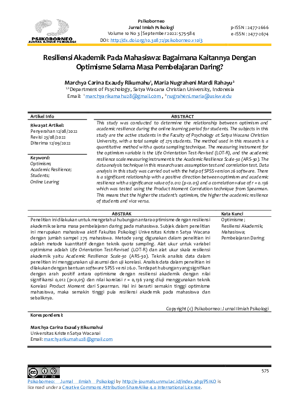 (PDF) Resiliensi Akademik Pada Mahasiswa: Bagaimana Kaitannya Dengan Optimisme Selama Masa ...