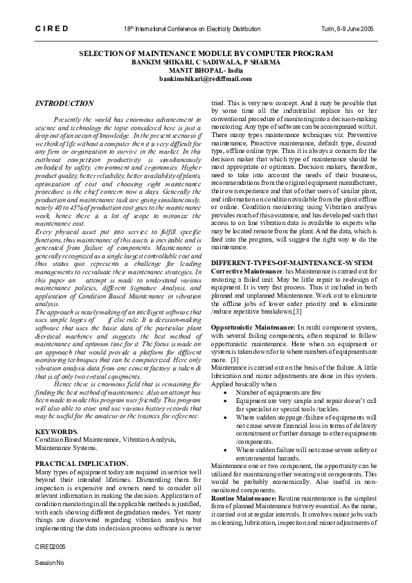 (PDF) Selection of maintenance module by computer program