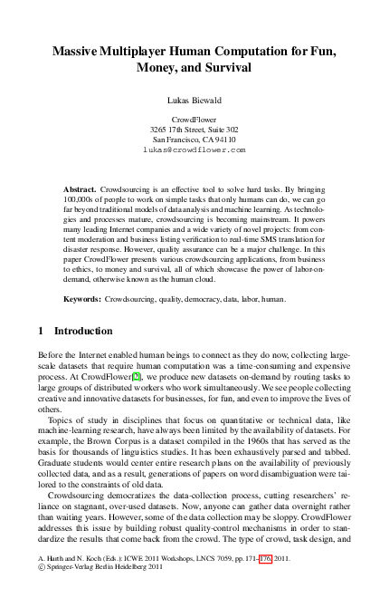 (PDF) Massive Multiplayer Human Computation for Fun, Money, and Survival