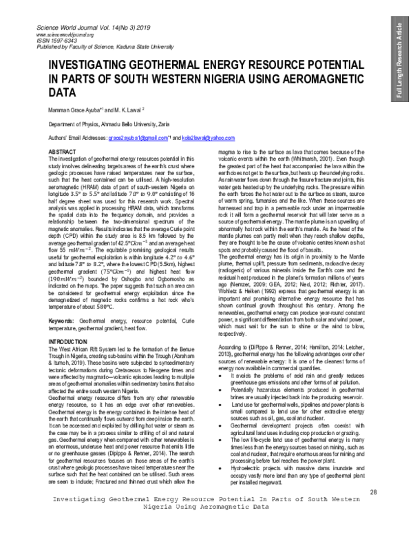 (PDF) Investigating Geothermal Energy Resource Potential in Parts of South Western Nigeria Using ...