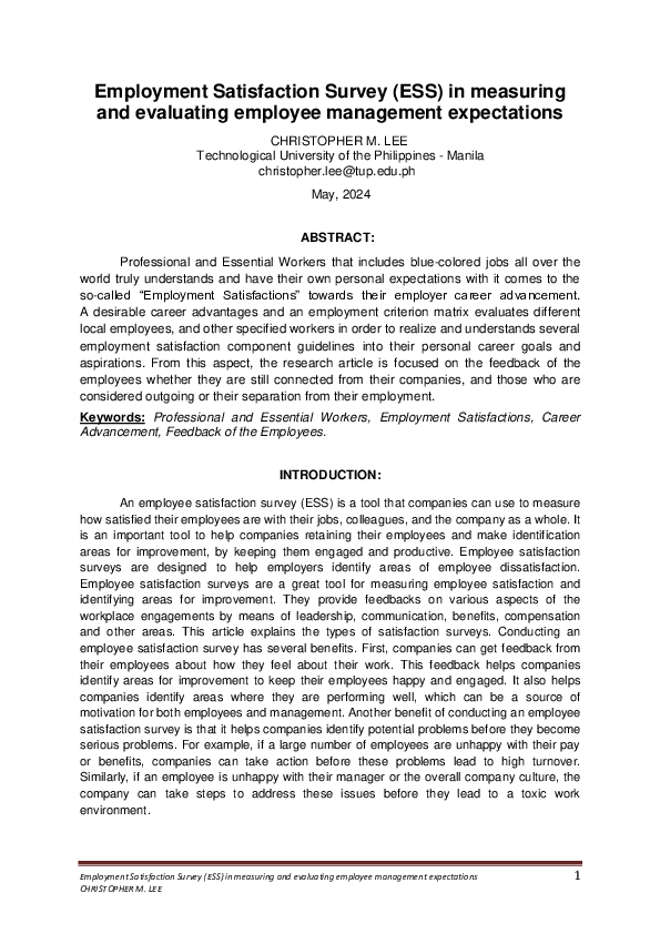 (PDF) Employment Satisfaction Survey (ESS) in measuring and evaluating ...
