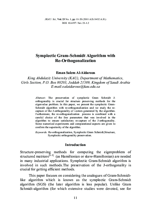 (PDF) Symplectic Gram-Schmidt Algorithm with Re-Orthogonalization | Eman Alaidarous - Academia.edu